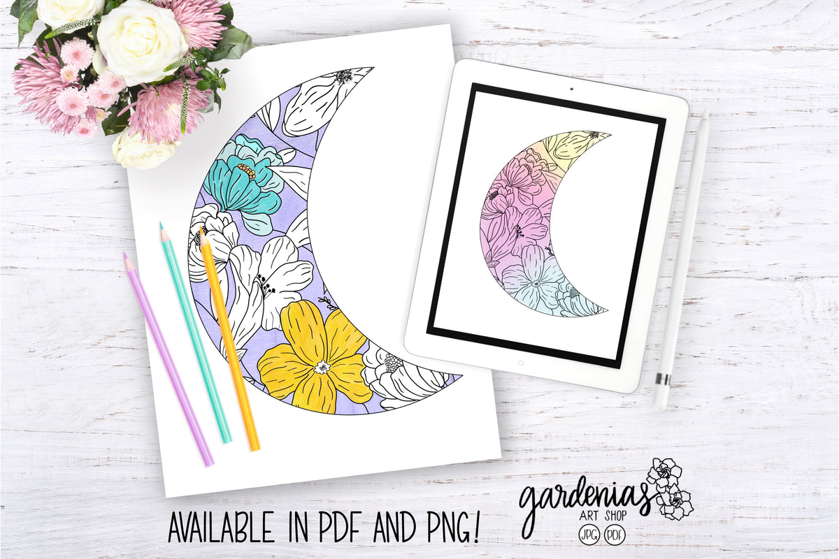 Floral Moon Coloring Page – Gardenias Art Shop